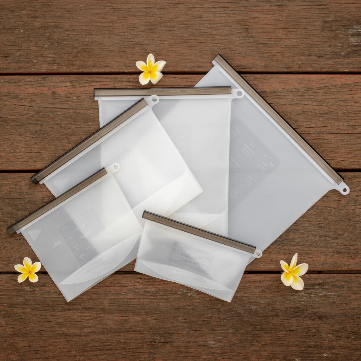 Ziplock Silicone Food Pouches for Food Storage - 5 Size Bundle.